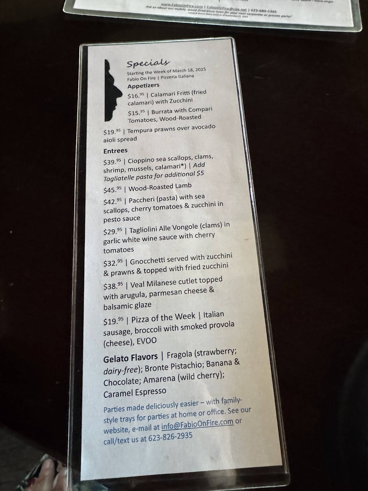 Menu at Fabio On Fire Pizzeria Italiana, Peoria, W Lake Pleasant Pkwy #101