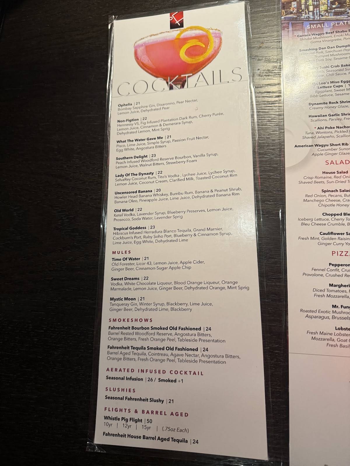 Menu at Fahrenheit restaurant, Charlotte