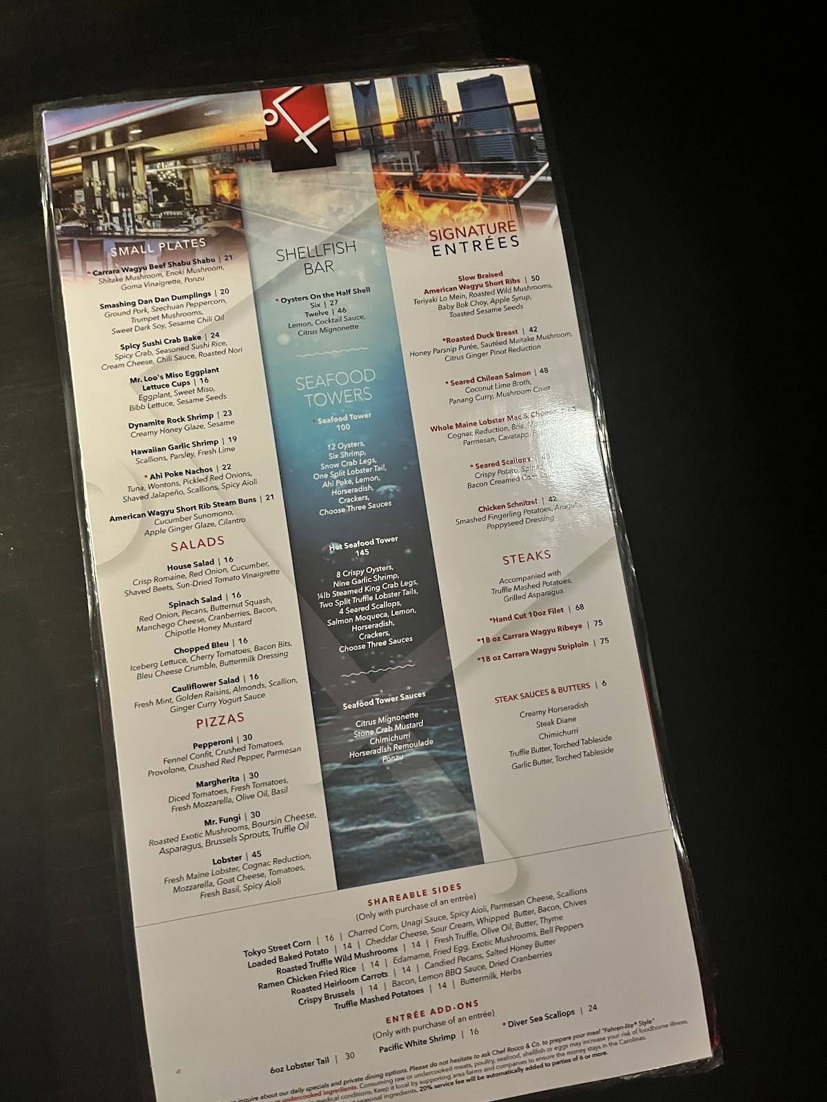 Menu at Fahrenheit restaurant, Charlotte