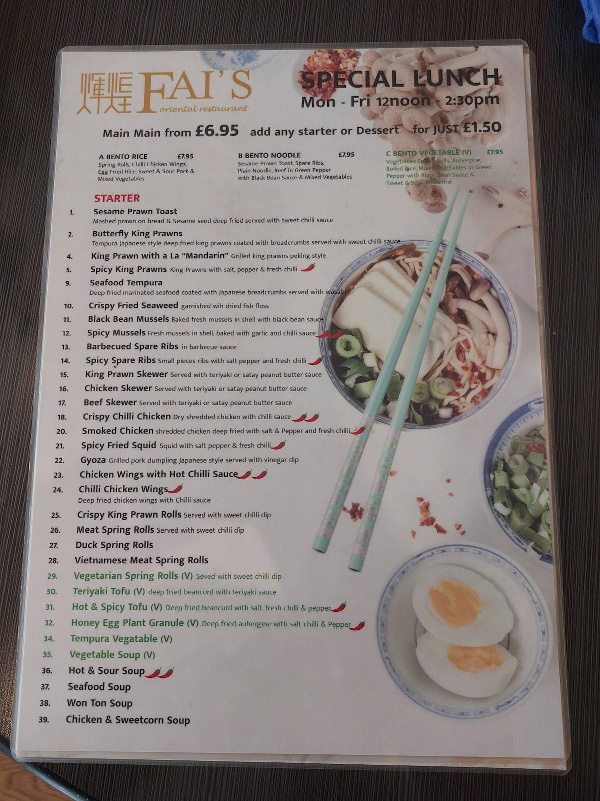 Menu at Fai's Noodle Bar, Colchester