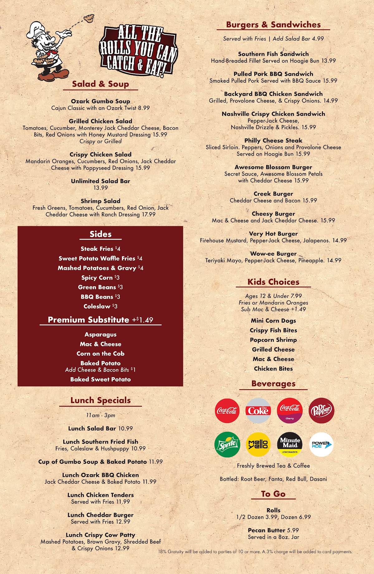 Menu at Fall Creek Steak and Catfish House steakhouse, Branson, 997 ...