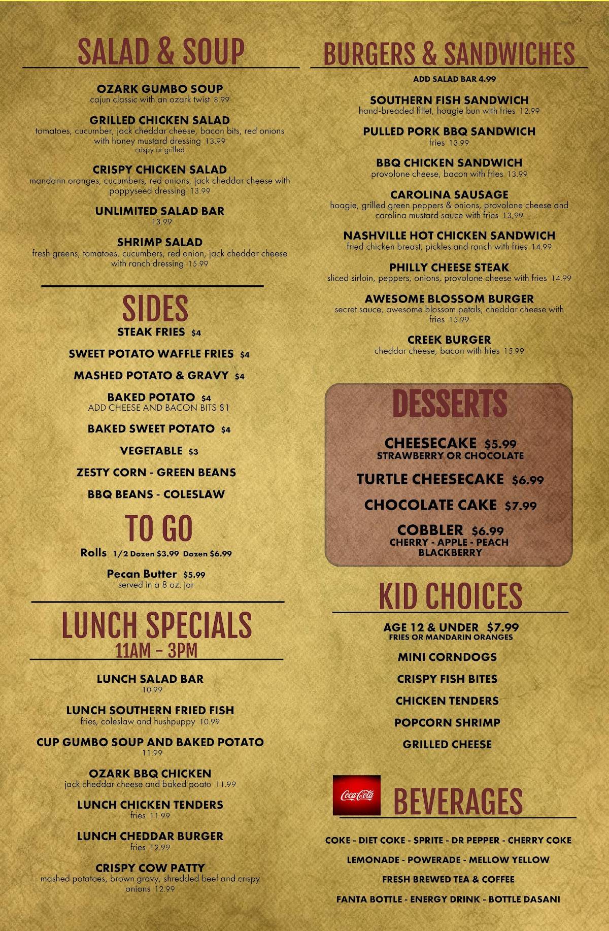 Menu at Fall Creek Steak and Catfish House steakhouse, Branson, 997 ...