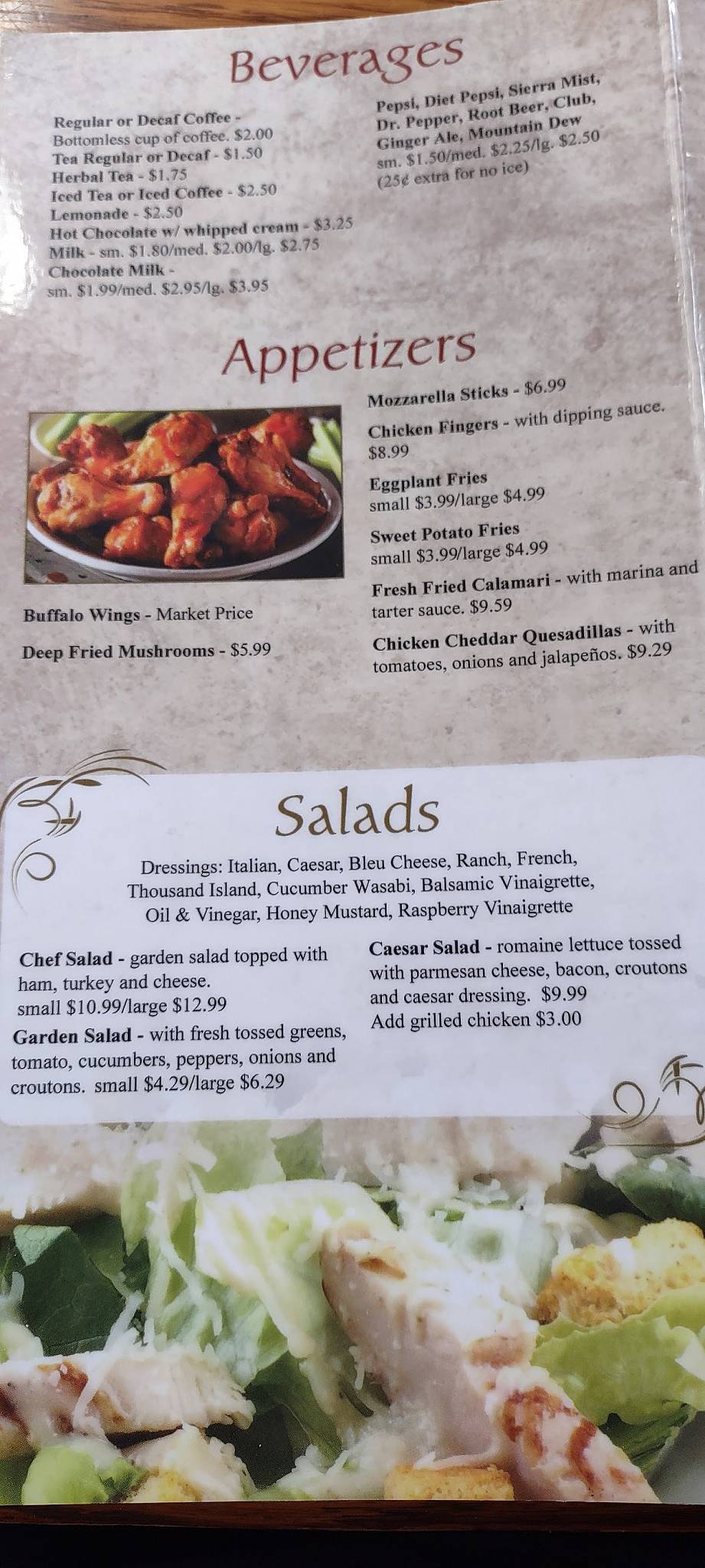 Menu at Fall's Diner restaurant, Hoosick Falls