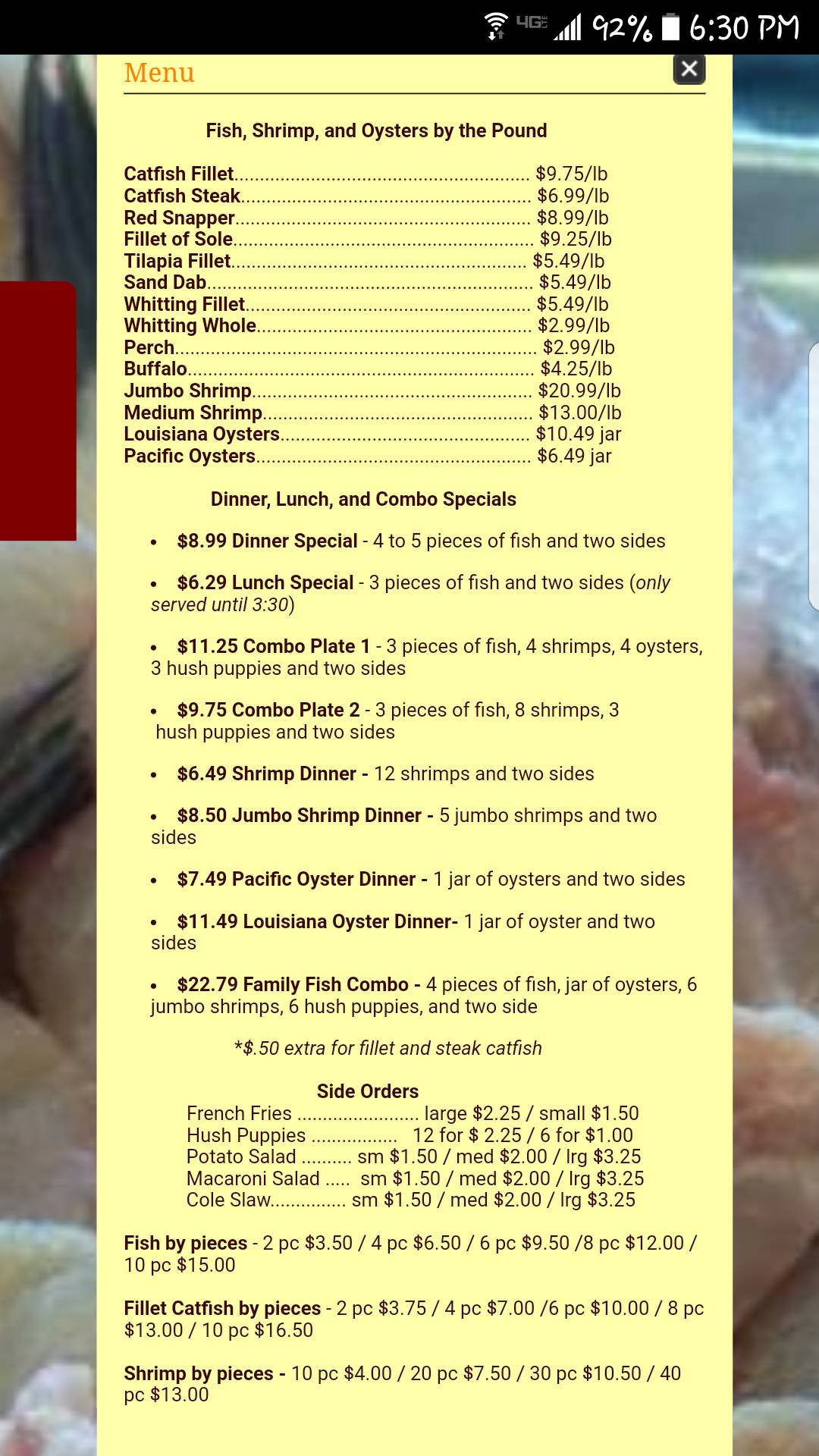 Menu at Family Fish Market restaurant, Carson