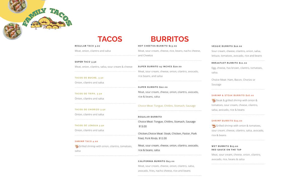 Menu at Family Tacos restaurant, Oakland, 2807 MacArthur Blvd