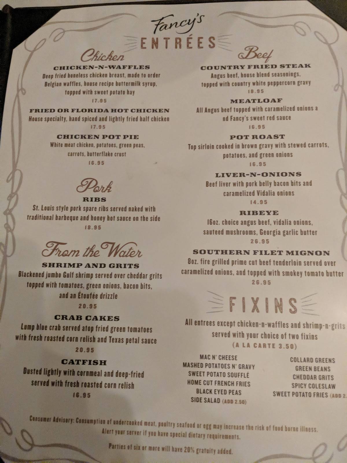 Menu at Fancy's Southern Cafe, Fort Myers