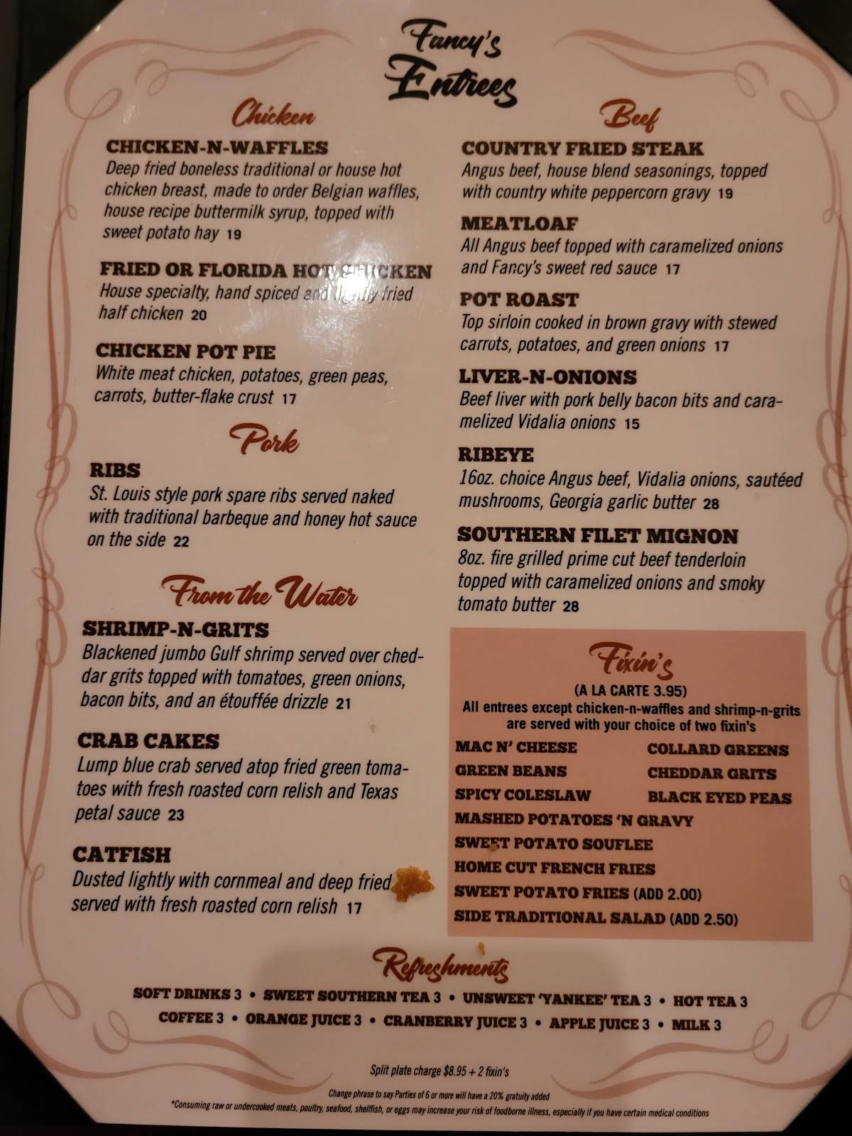 Menu at Fancy's Southern Cafe, Fort Myers