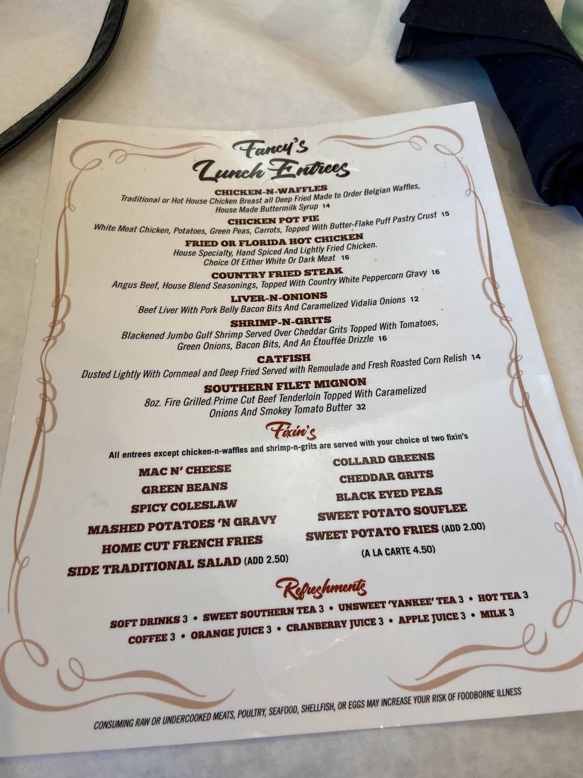 Menu at Fancy's Southern Cafe, Fort Myers
