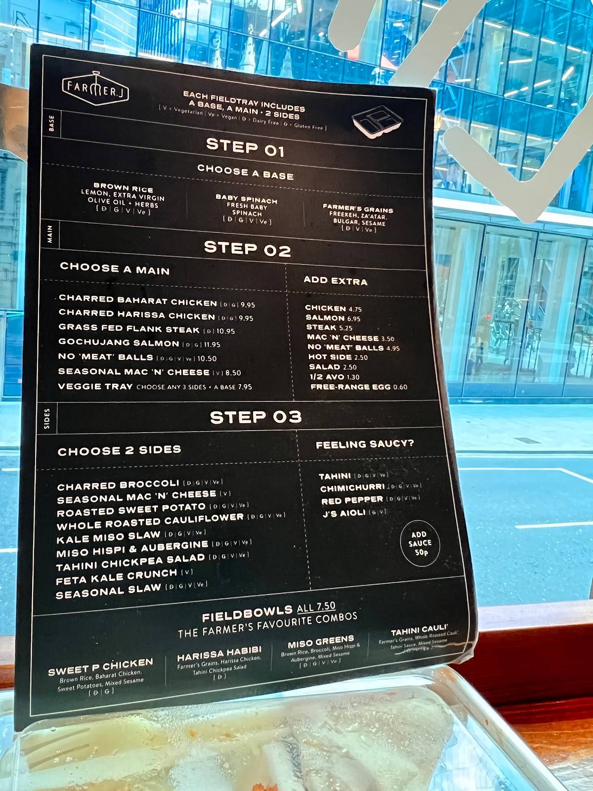 Menu at Farmer J Leadenhall Street steakhouse, London, 107 Leadenhall St