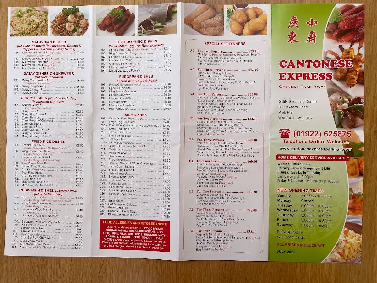 Menu at Cantonese Express fast food, Walsall