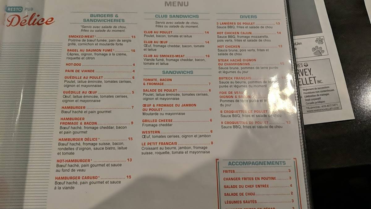 Menu au Resto Pub Délice (Le), Québec