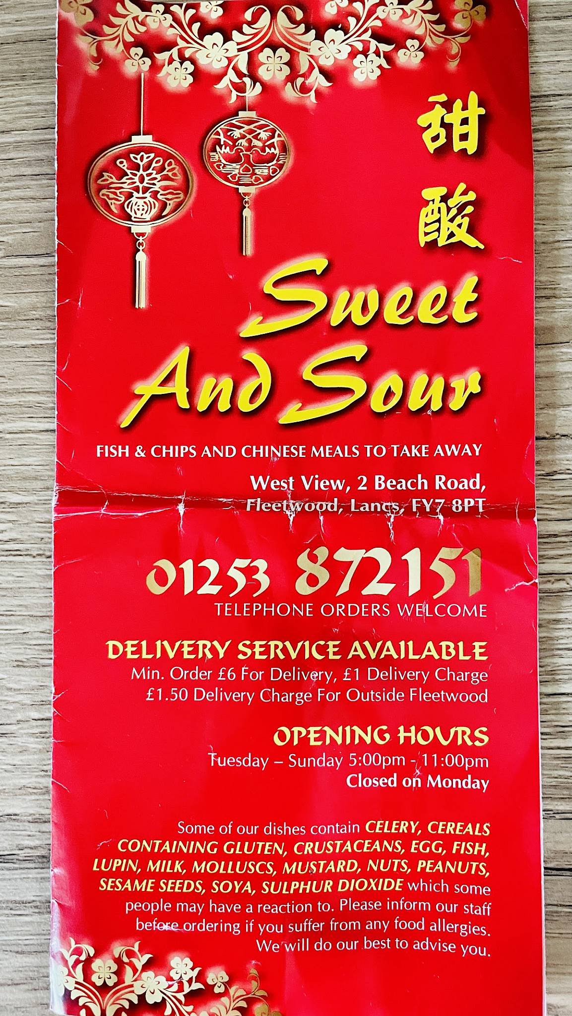 Menu at Sweet & Sour fast food, Fleetwood