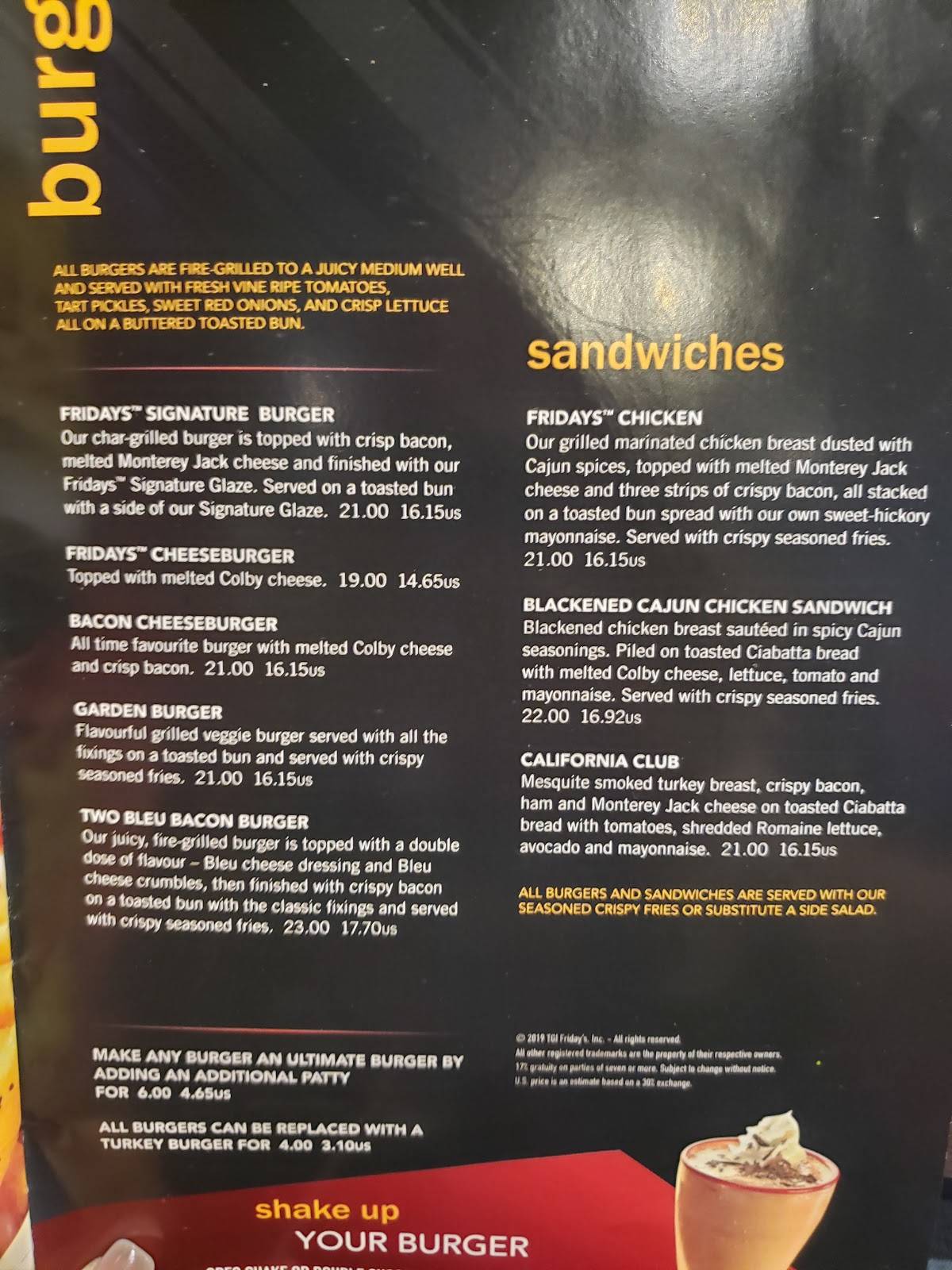 Menu at TGI Friday's fast food, Niagara Falls, 6700 Fallsview Blvd