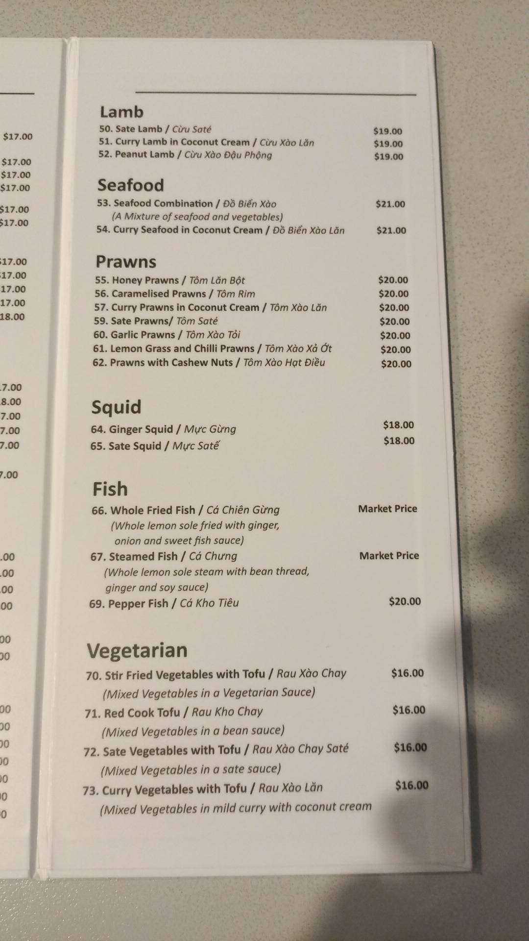 Menu at Tu Do Vietnamese Restaurant, O'Connor