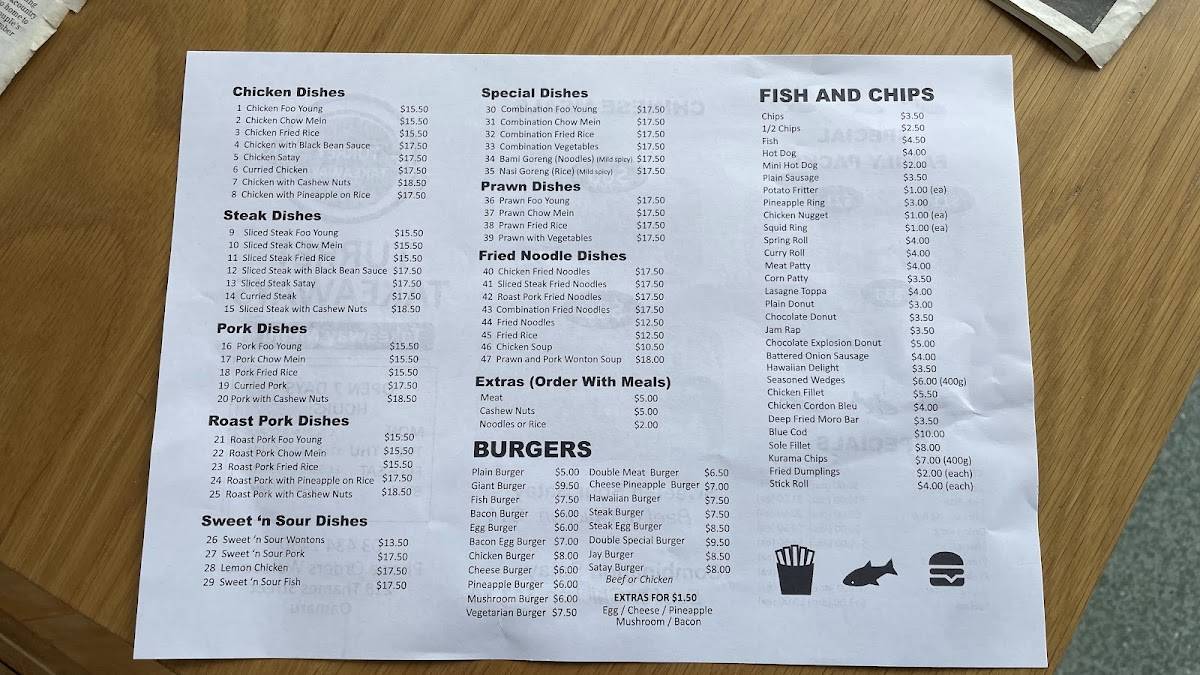 Menu at Turret Takeaways fast food, Oamaru