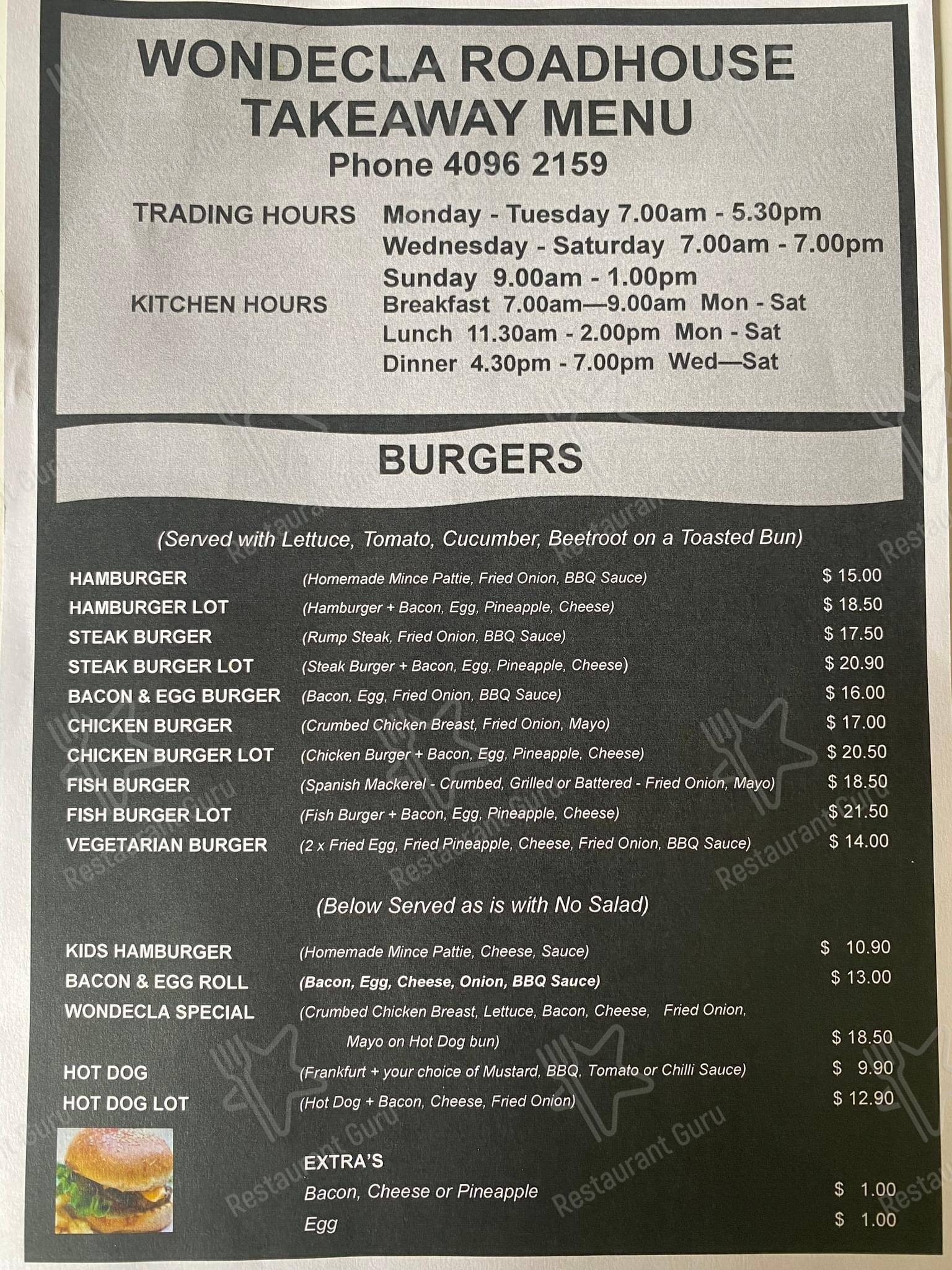 Menu at Wondecla Roadhouse fast food, Wondecla, Longlands Gap Rd