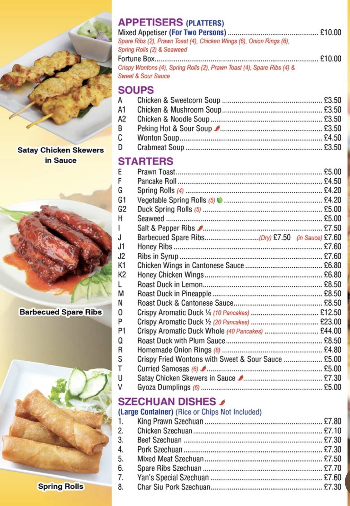 Menu at Yan’s Chinese Takeaway fast food, Malton