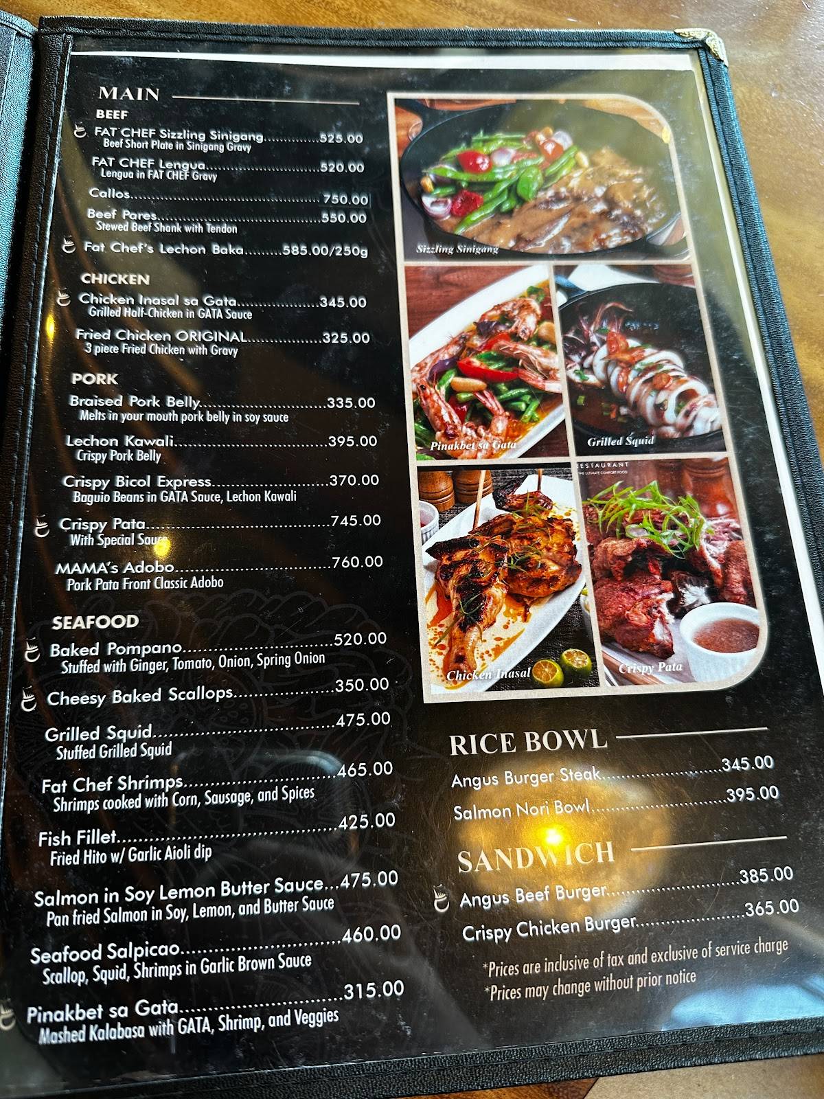 Carta de Fat Chef Restaurant, Cagayan de Oro