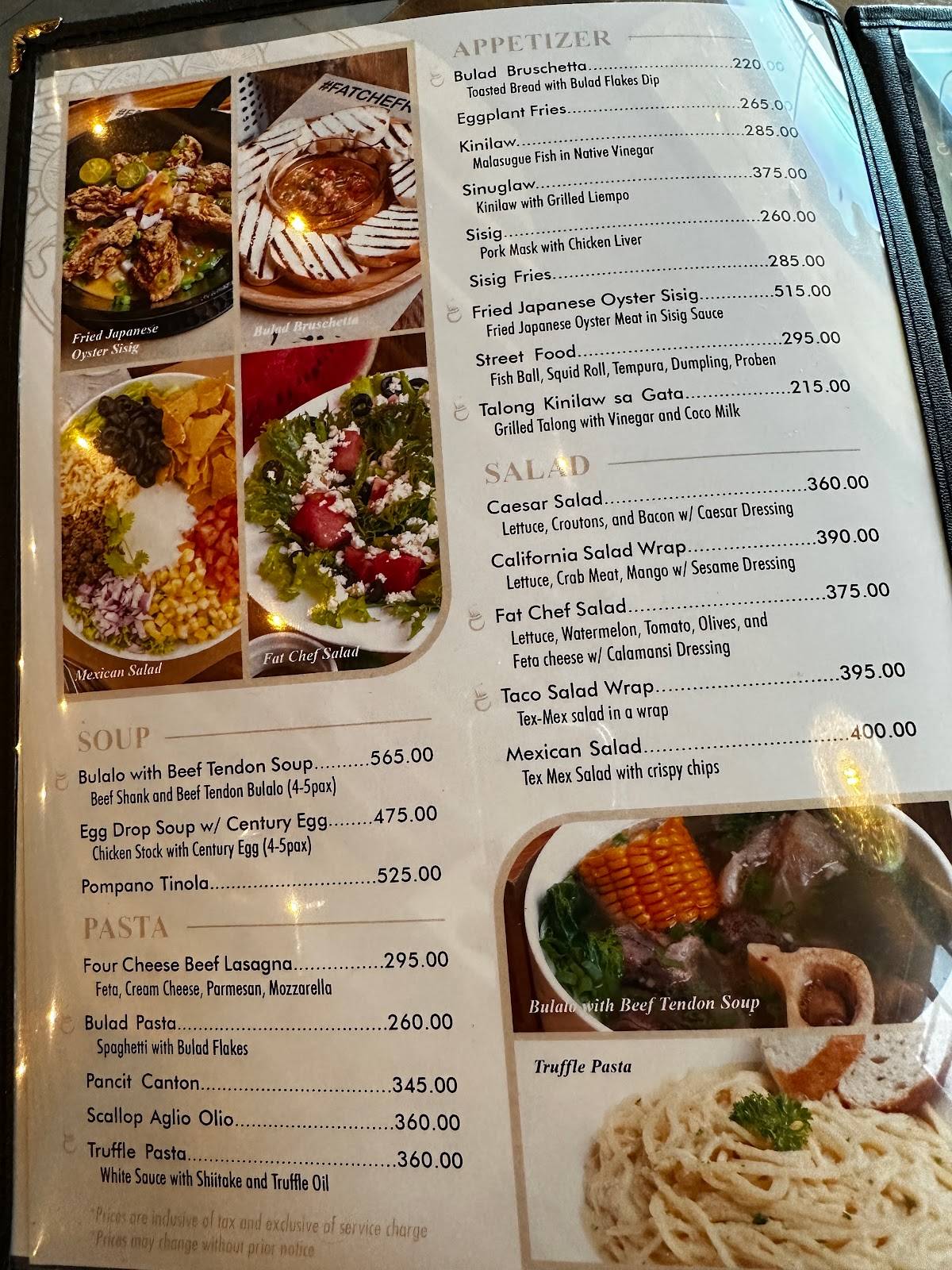 Carta de Fat Chef Restaurant, Cagayan de Oro