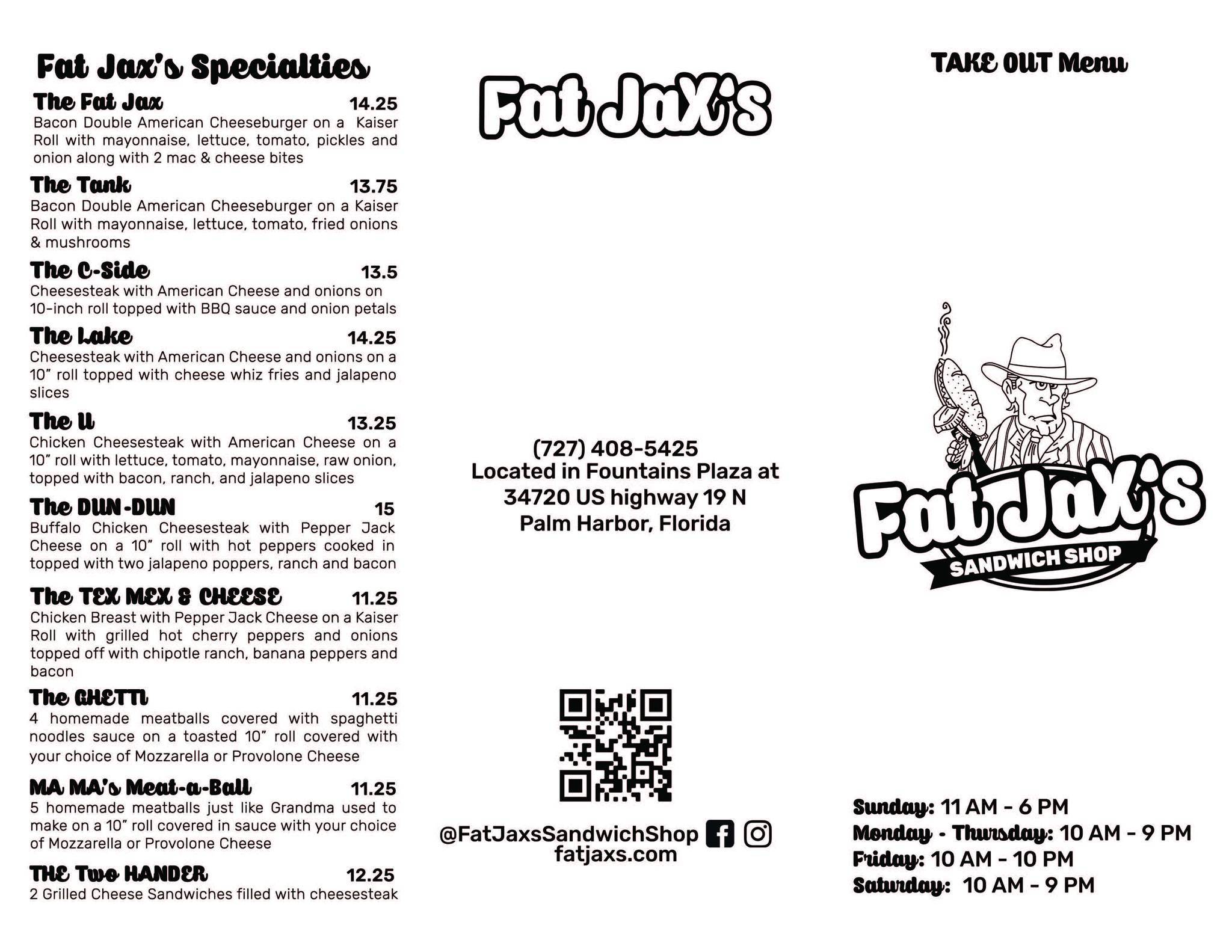 Menu at Fat Jax's on wheels restaurant, Palm Harbor