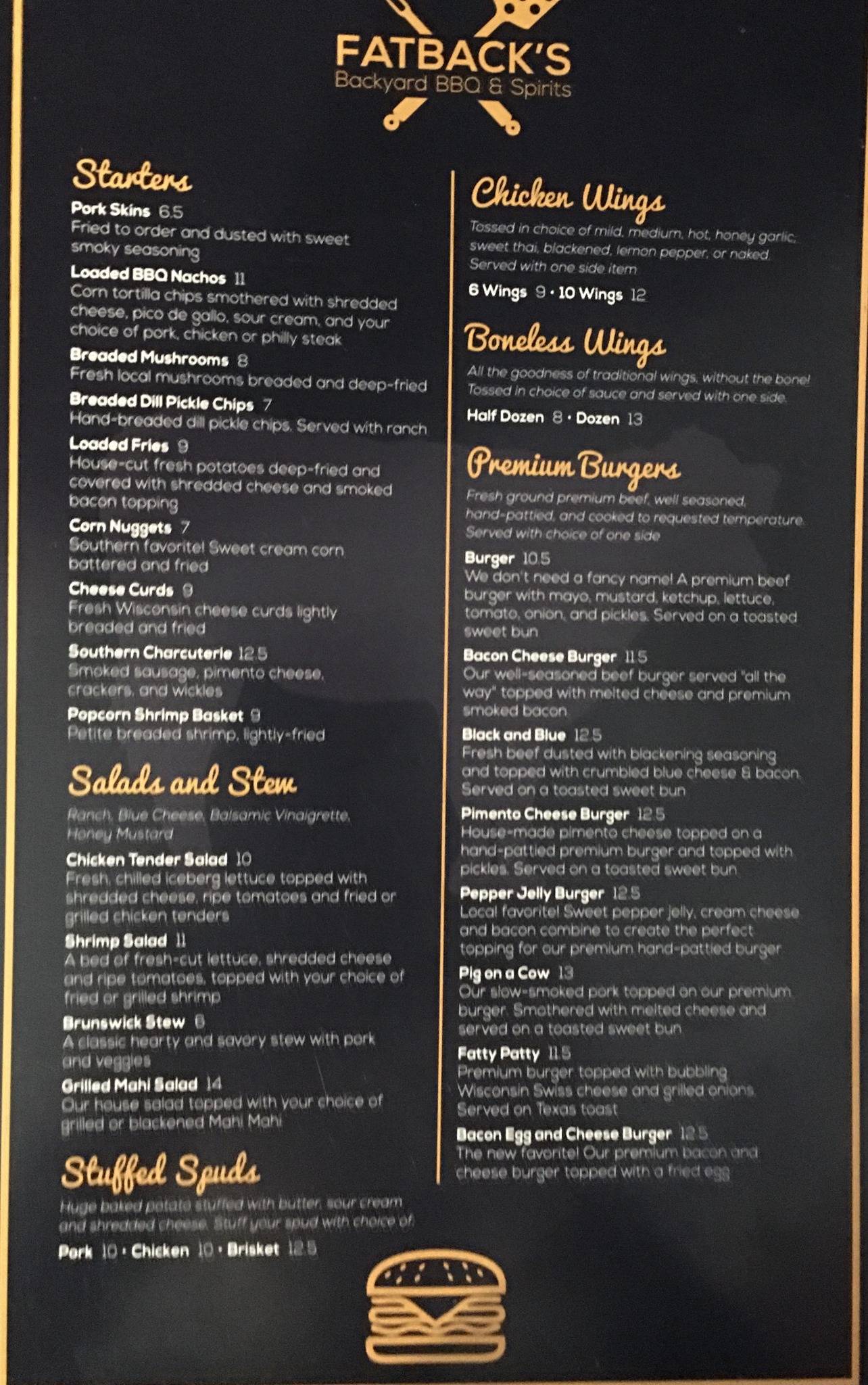 Menu at Fatback's BBQ, Dothan