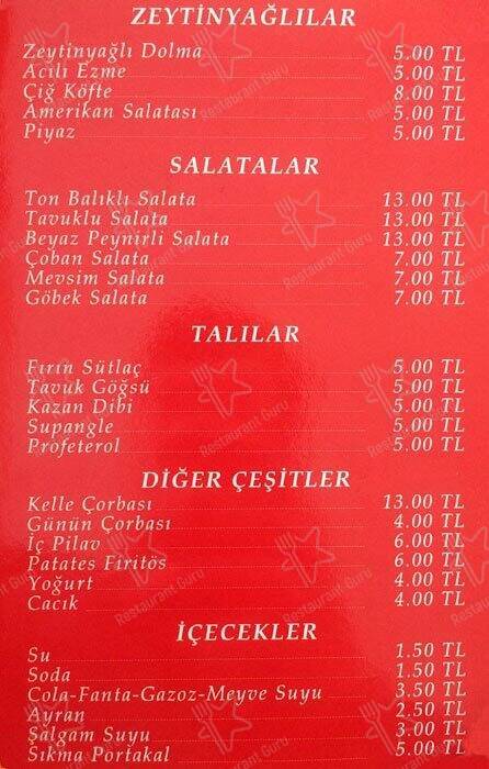 Menu at Fatih Sultan Sofrası, Istanbul