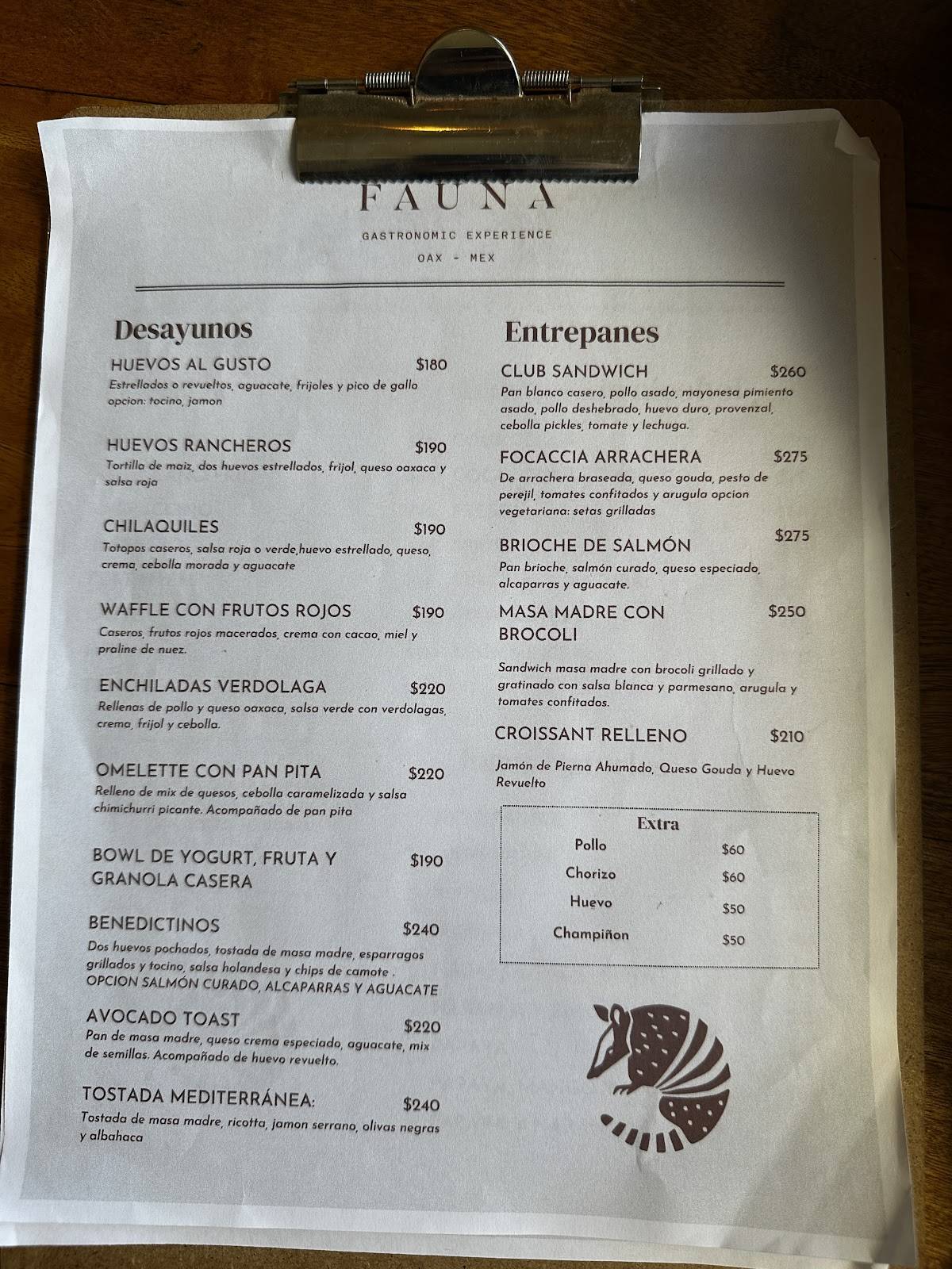 Menu at Fauna Café & Bar, Puerto Escondido