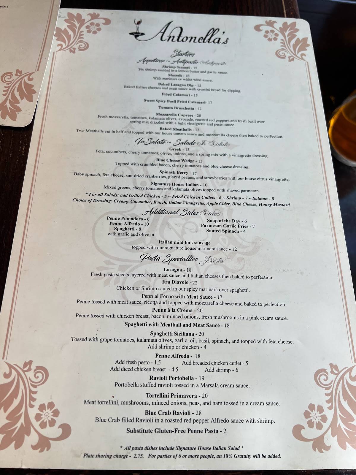 Menu at Antonella's Italian Ristorante restaurant, Fayetteville