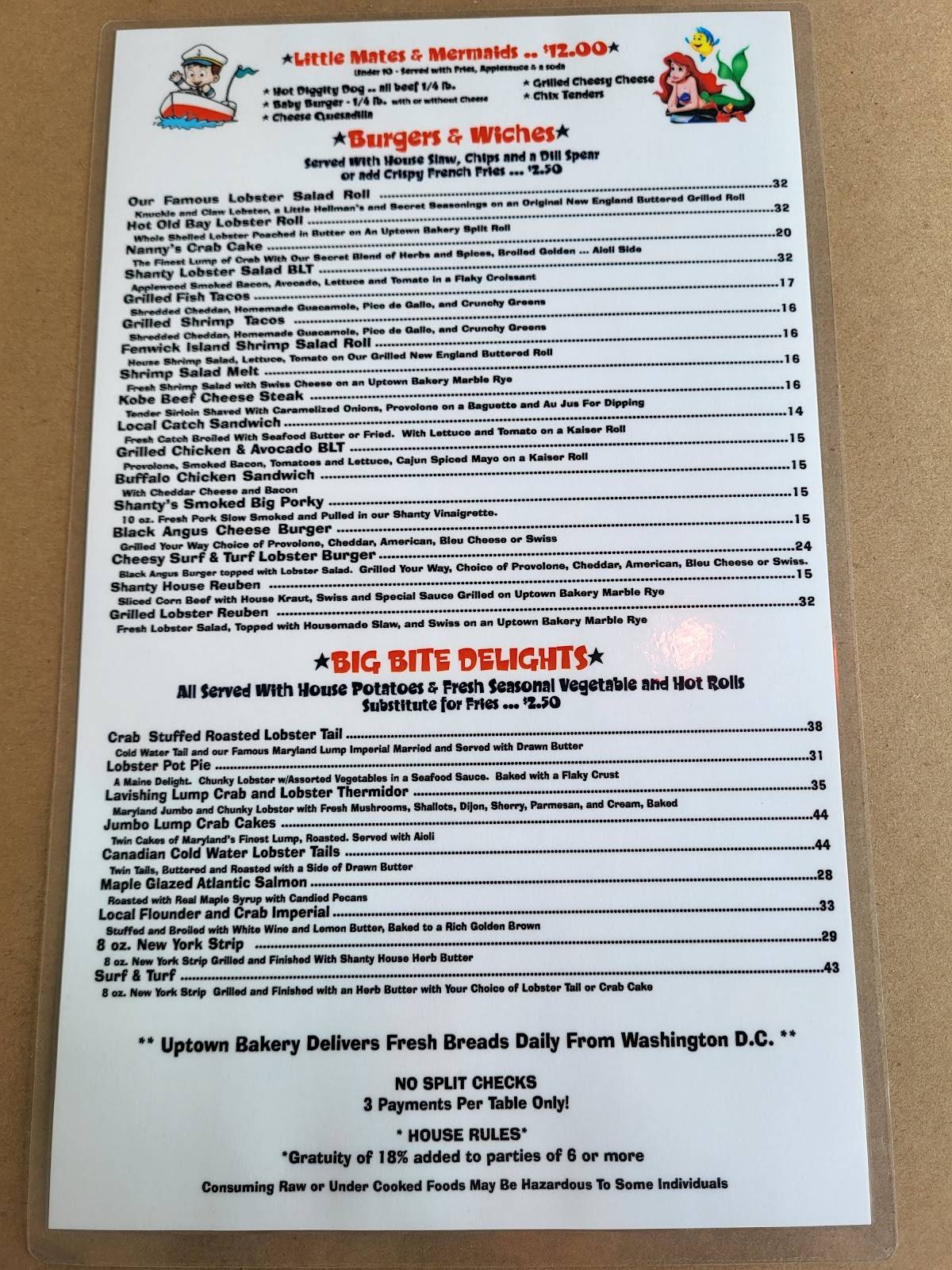 Menu at The Lobster Shanty restaurant, Fenwick Isle