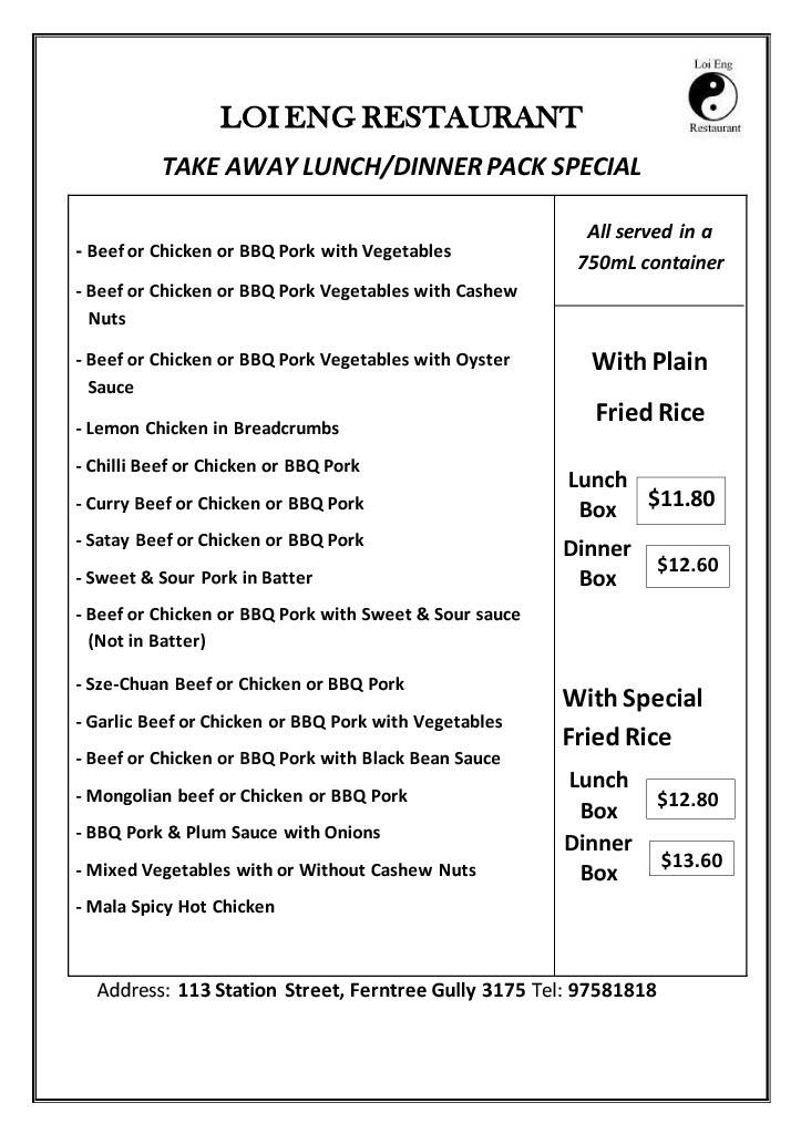 Menu at Loi Eng Restaurant, Ferntree Gully