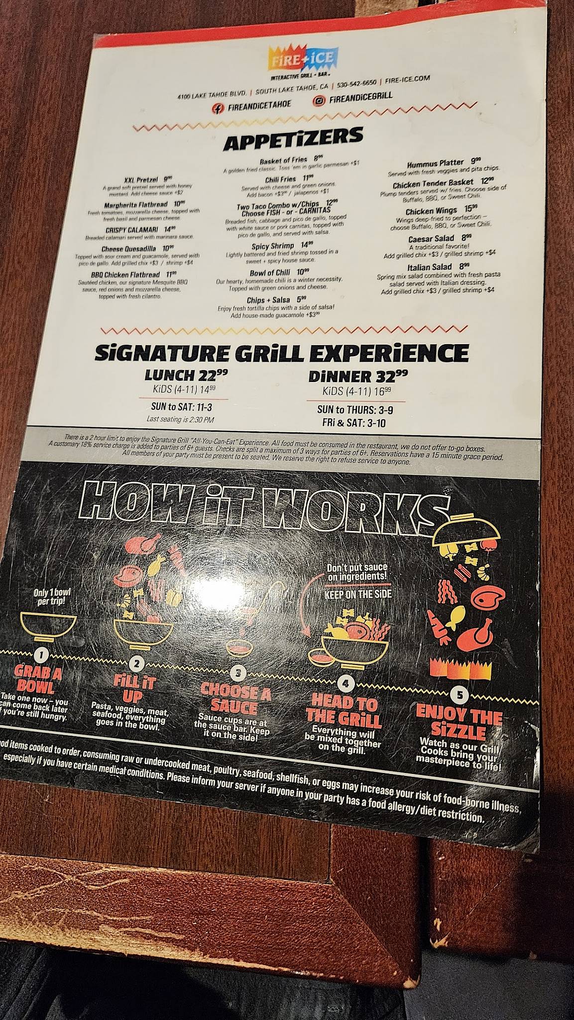 Menu at FiRE+iCE Interactive Grill & Bar, South Lake Tahoe