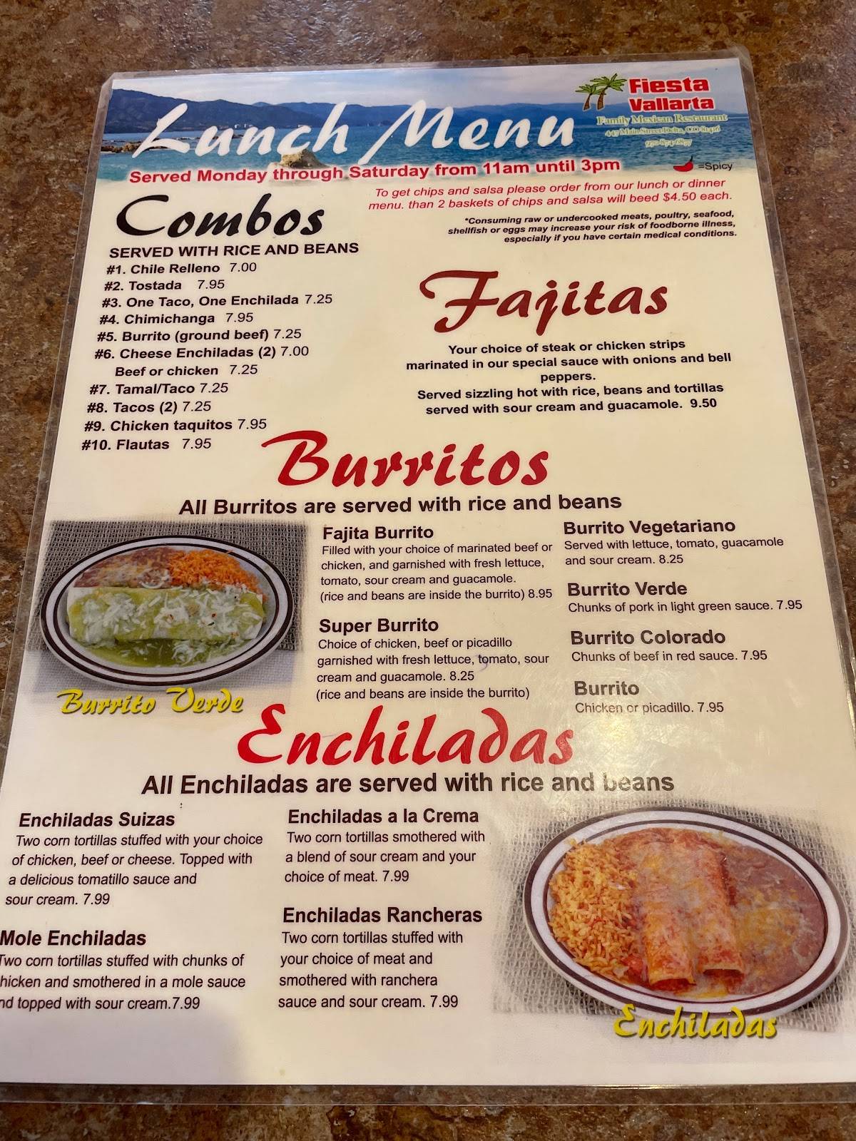 Menu at Fiesta Vallarta restaurant, Delta