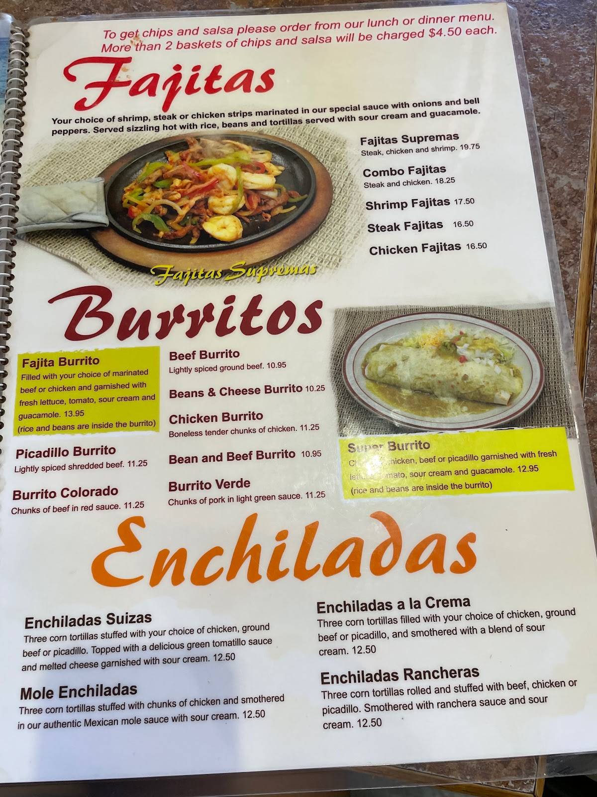 Menu at Fiesta Vallarta restaurant, Delta