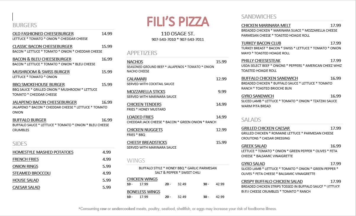 Menu at Fili's Pizza pizzeria, Bethel
