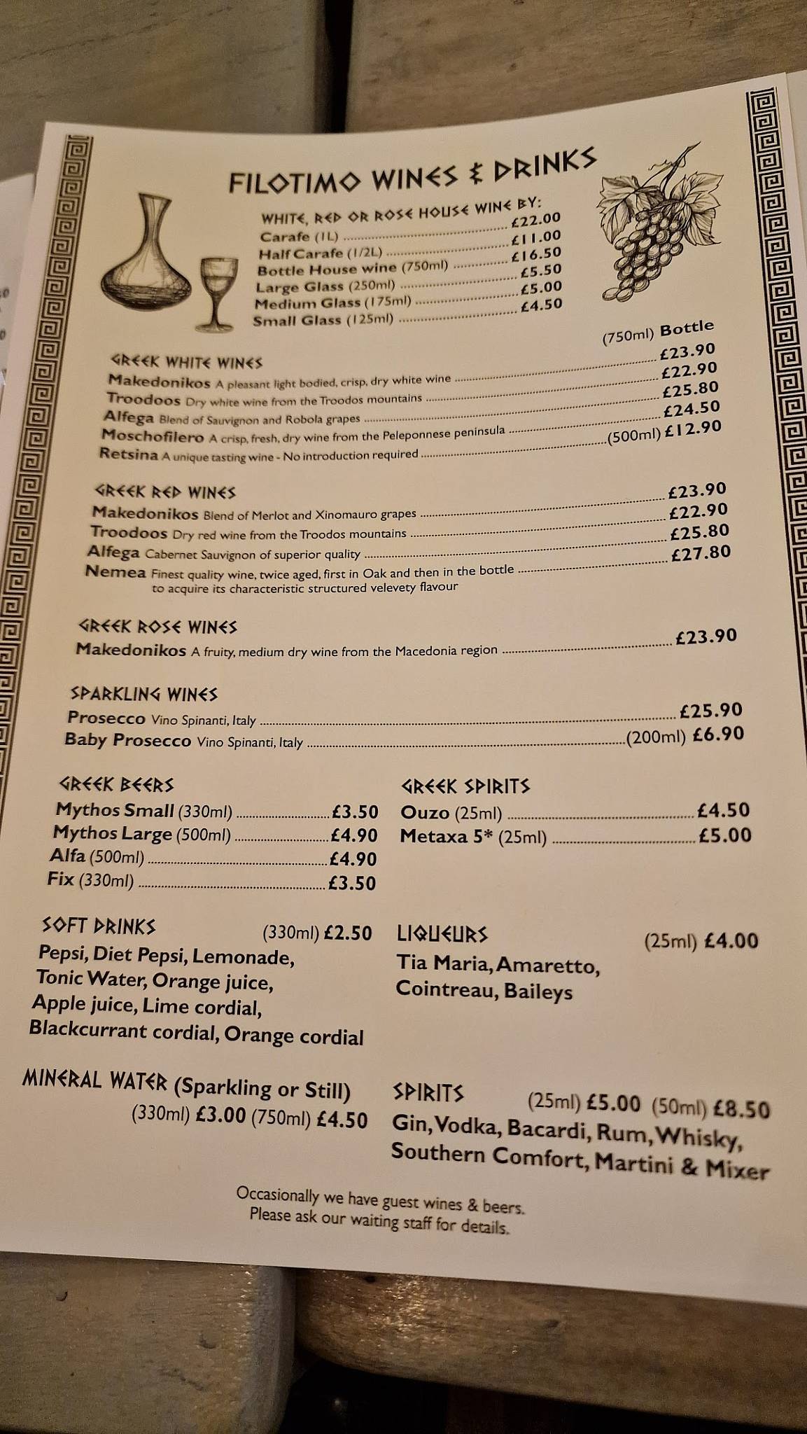 Carta del restaurante Filotimo, Sandbach