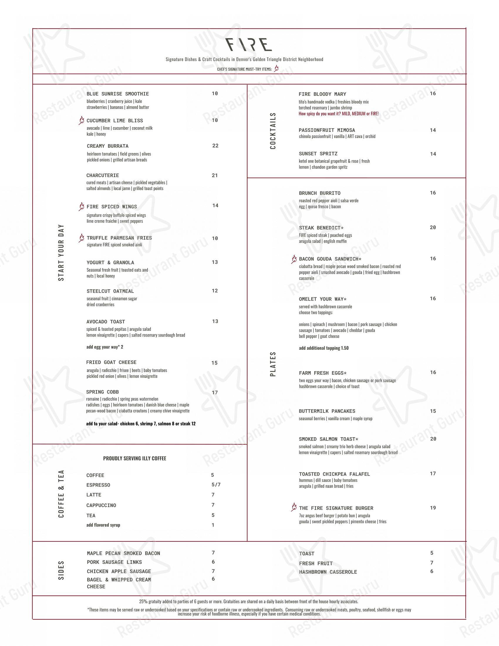 Menu at Fire Restaurant & Lounge, Denver
