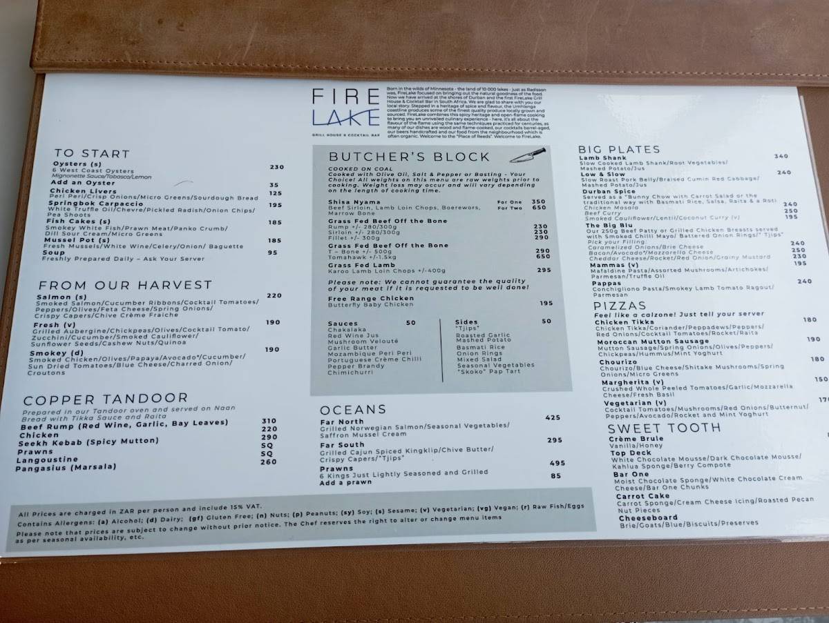 Menu at Firelake restaurant, Durban