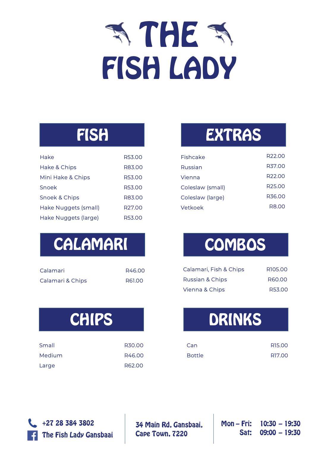 Menu at Fish Lady restaurant, Gansbaai