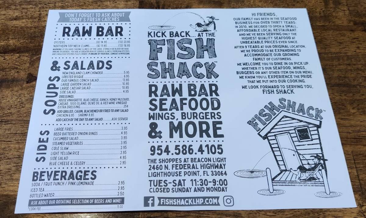 Menu at Fish Shack restaurant, Lighthouse Point, N Federal Hwy