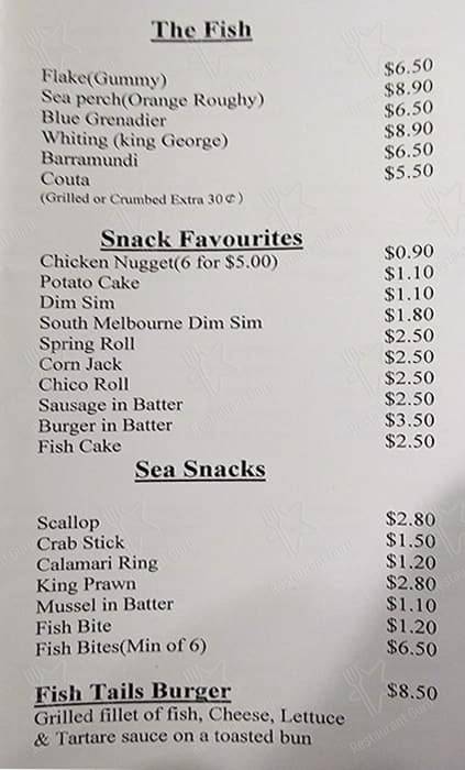 Menu at Fish Tails fast food, Altona Meadows