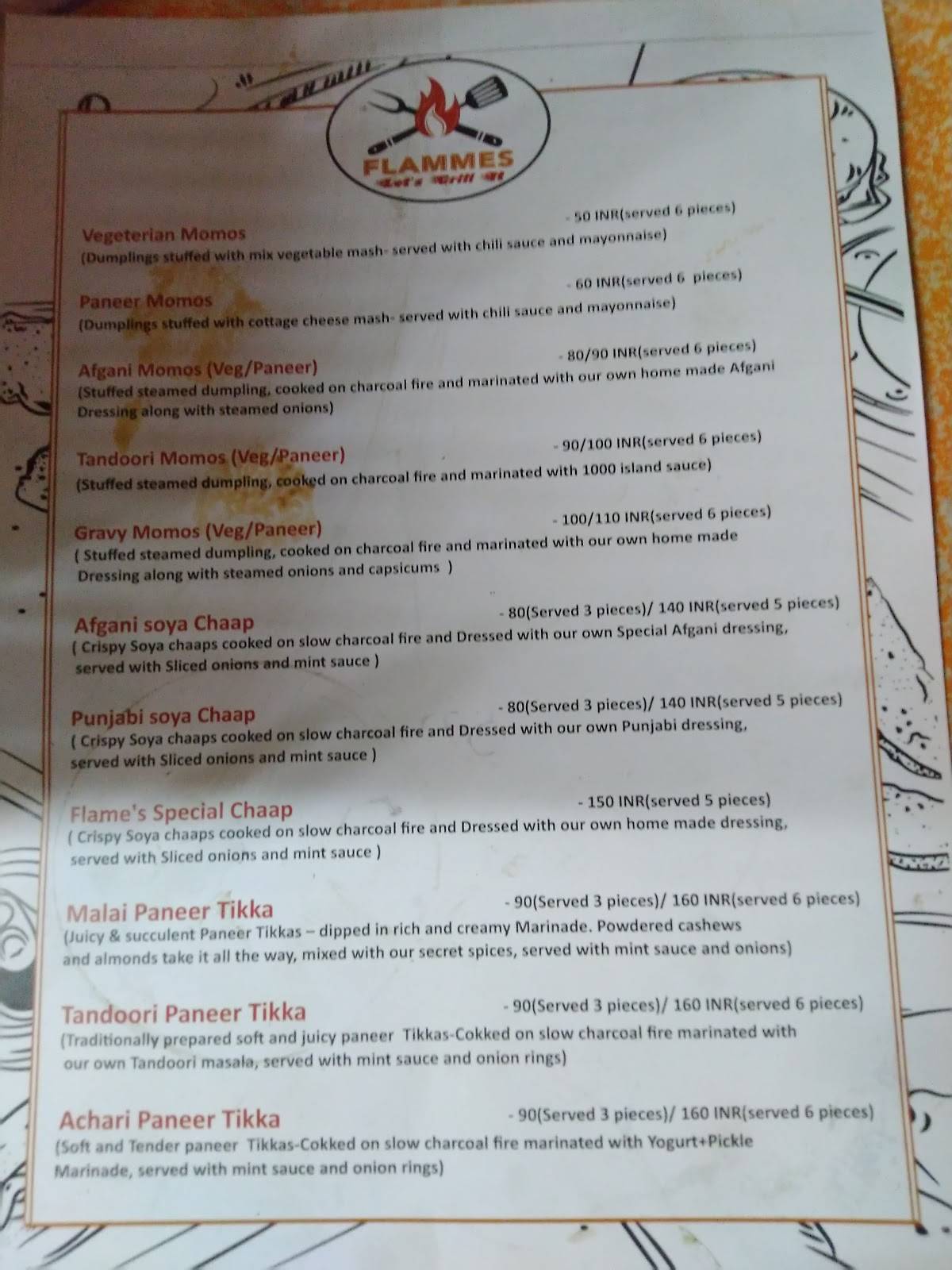 Menu at Flames Chaap and Momos, Loni Dehat
