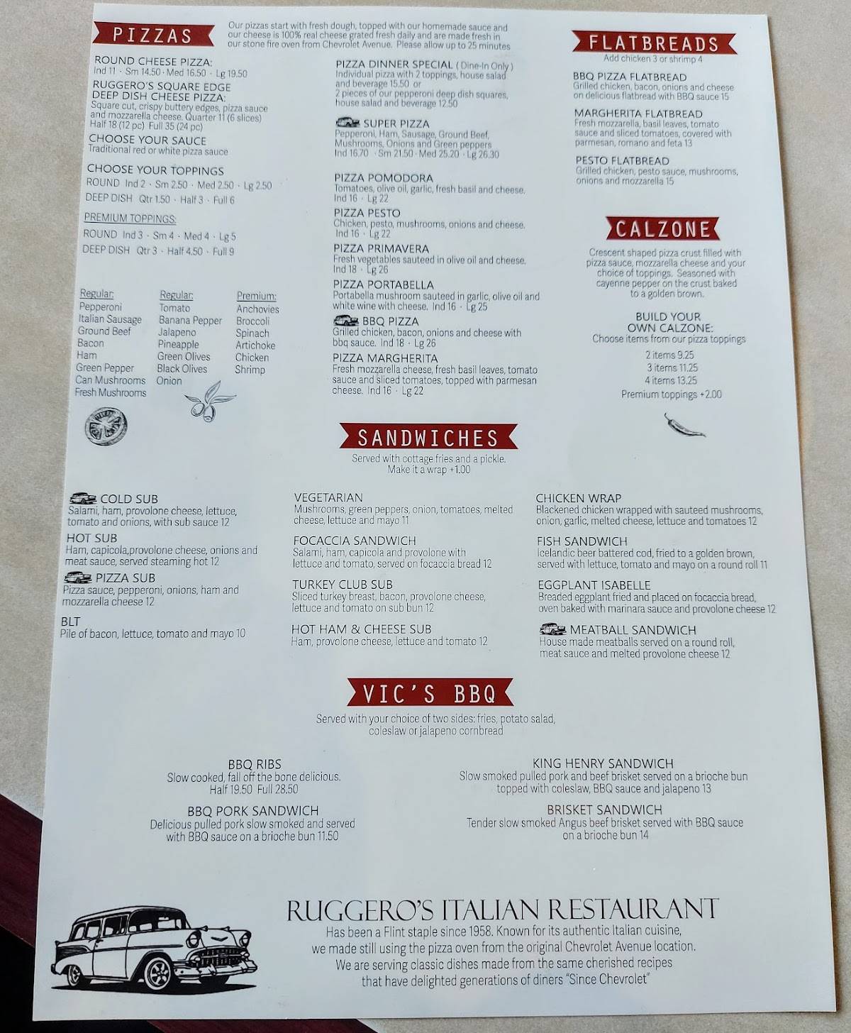 Menu at Ruggero's Restaurant, Flint Township, Corunna Rd