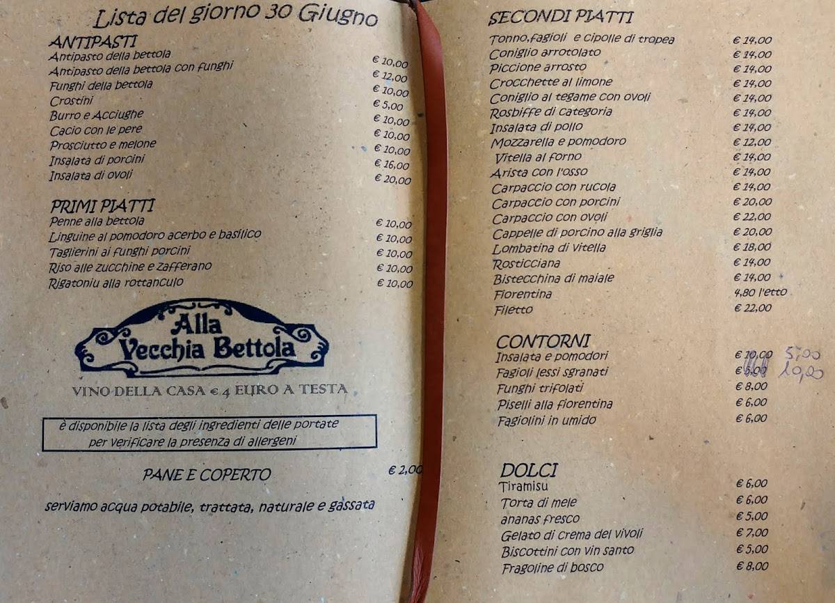 Menu at Alla Vecchia Bettola restaurant, Florence