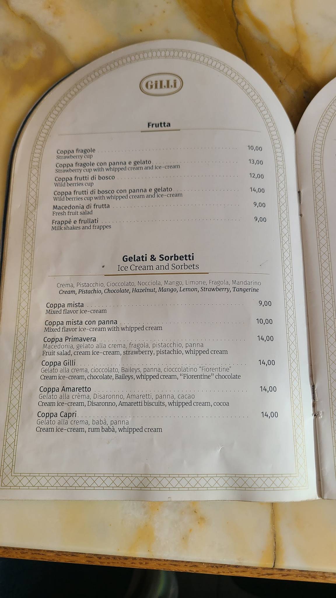 Menu at Caffè Gilli pub & bar, Florence, Via Roma