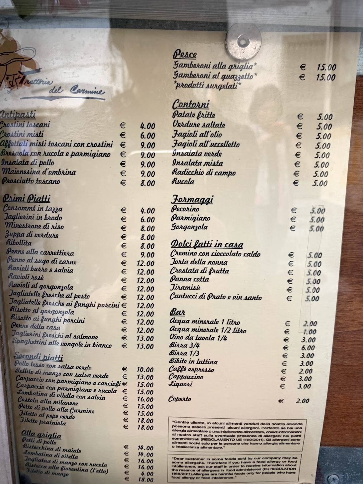 Menu da Trattoria Del Carmine ristorante, Firenze