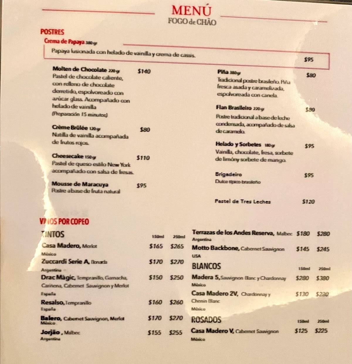 Carta del restaurante Fogo De Chão Perisur, Ciudad del México