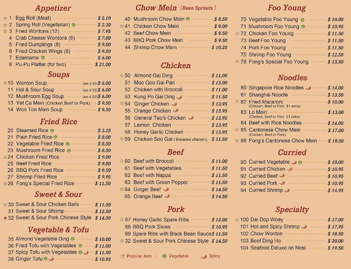 Menu at Fong's Restaurant, Dartmouth