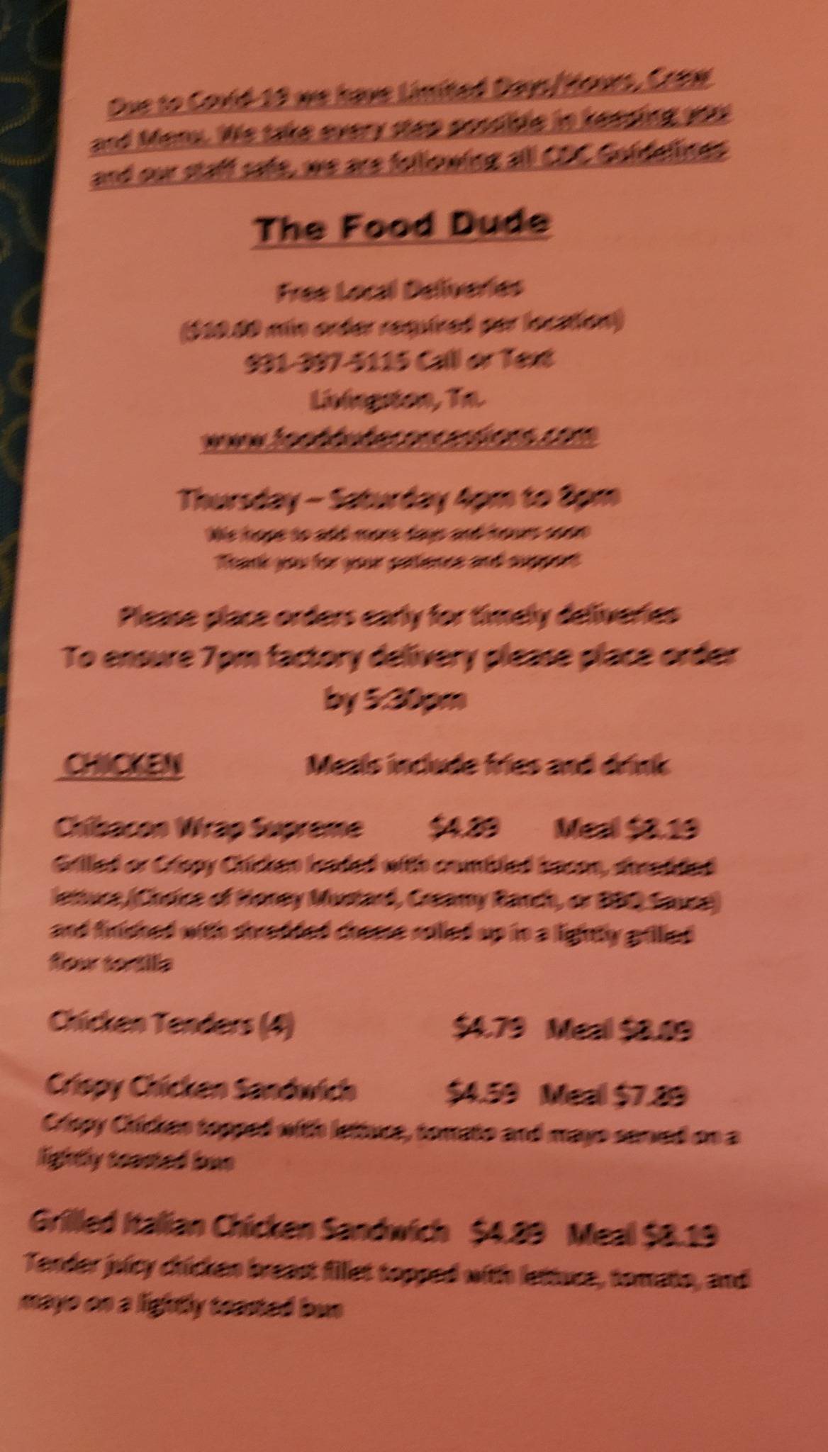 Menu at Food Dude Concessions restaurant, Livingston
