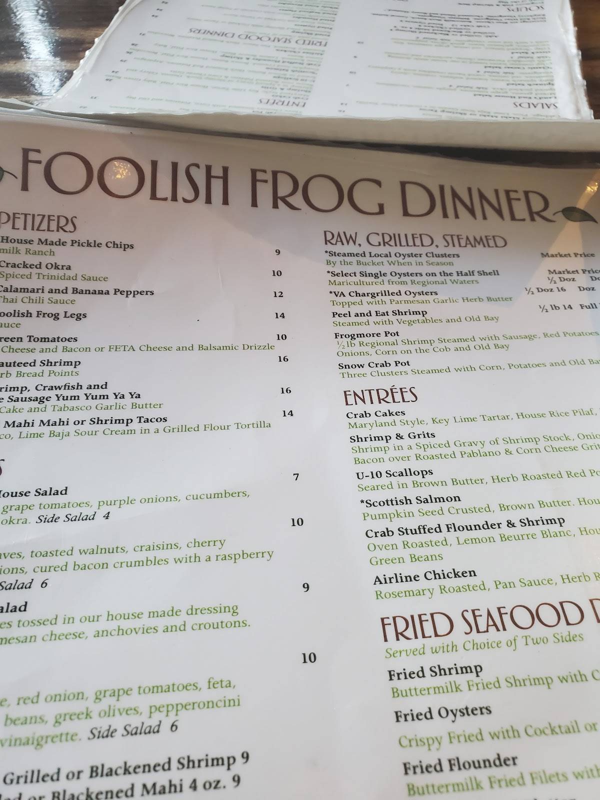 Menu at Foolish Frog restaurant, Saint Helena Island