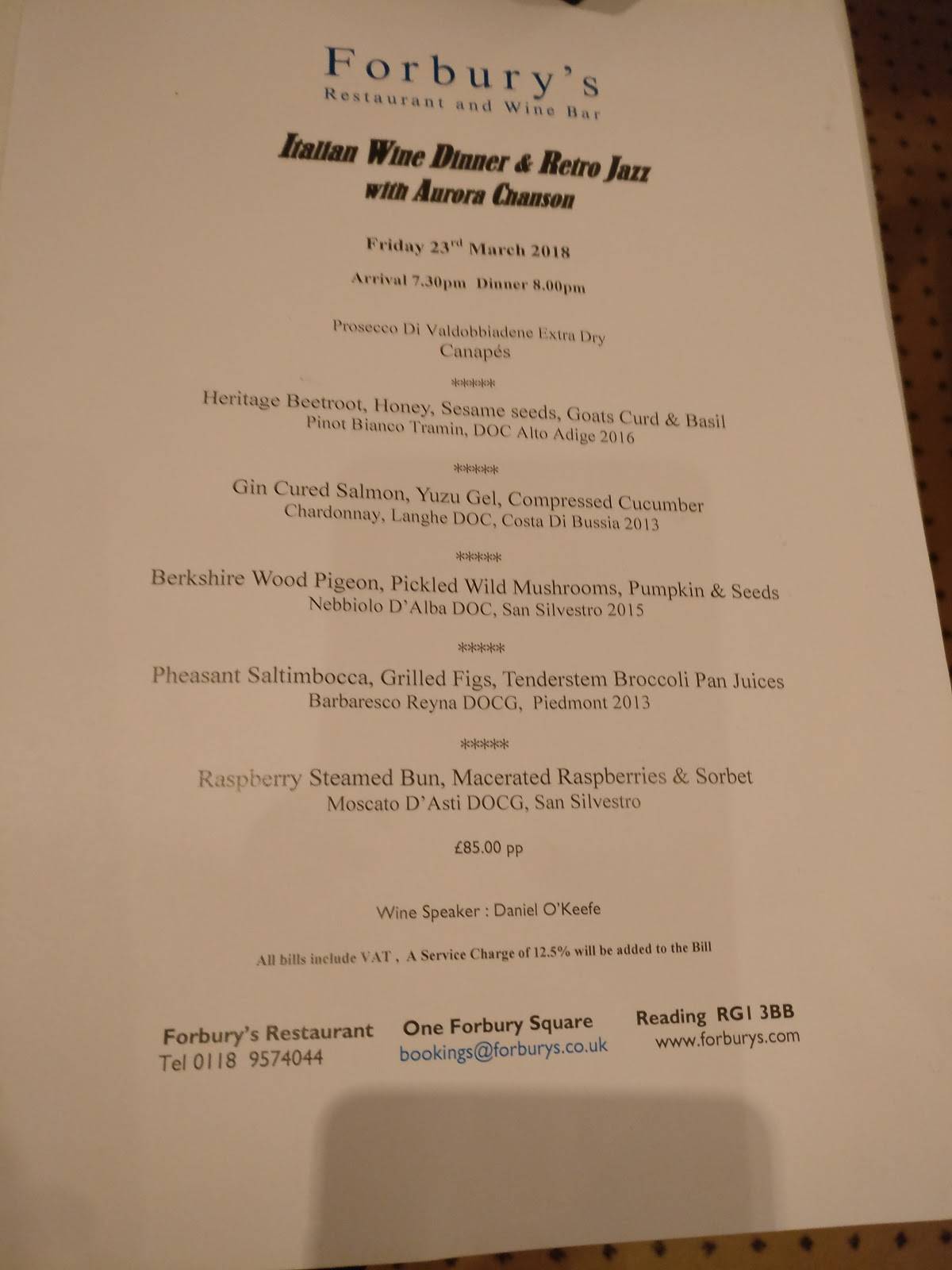 Menu at Forbury's Restaurant, Reading